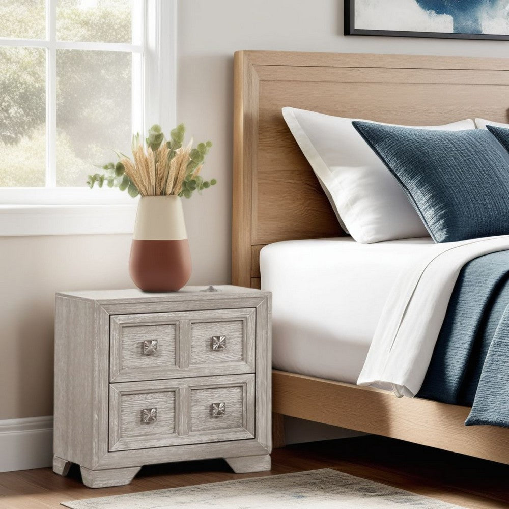 Benzara Diaz Nightstand With 2 Drawers Sunburst Design Front Light
