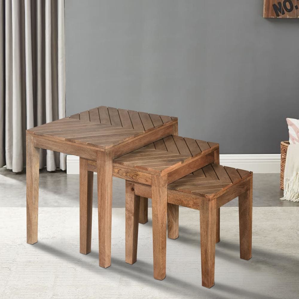 20 17 14 Inch 3 Piece Mango Wood Rectangular Nesting Table Set with Inlaid Herringbone Design Natural Brown UPT 272539