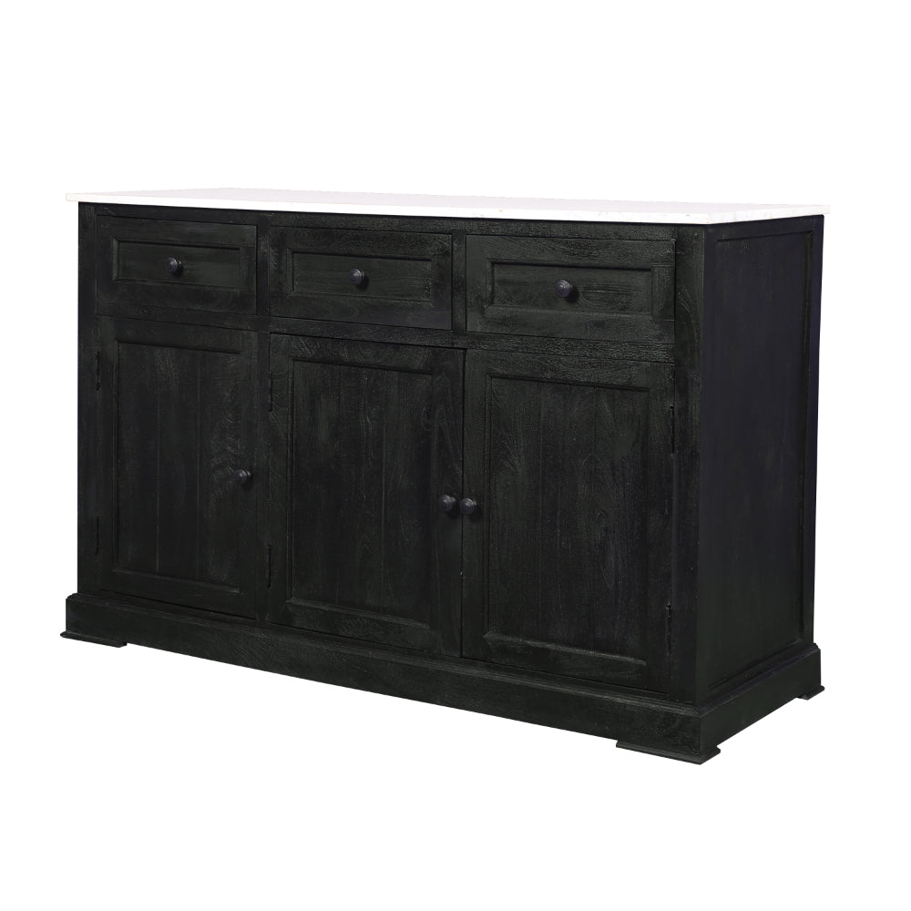 58 Inch Mango Wood Sideboard Buffet Console Cabinet with White Marble Top 3 Drawers Sandblasted Black BM163021