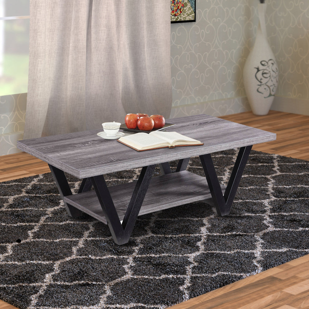 Zigzag Contemporary Solid Wooden Coffee Table With Bottom Shelf Gray And Black