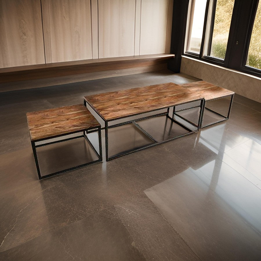 Benzara Larke 3 Piece Nesting Coffee and End Table Set, Steel, Brown ...