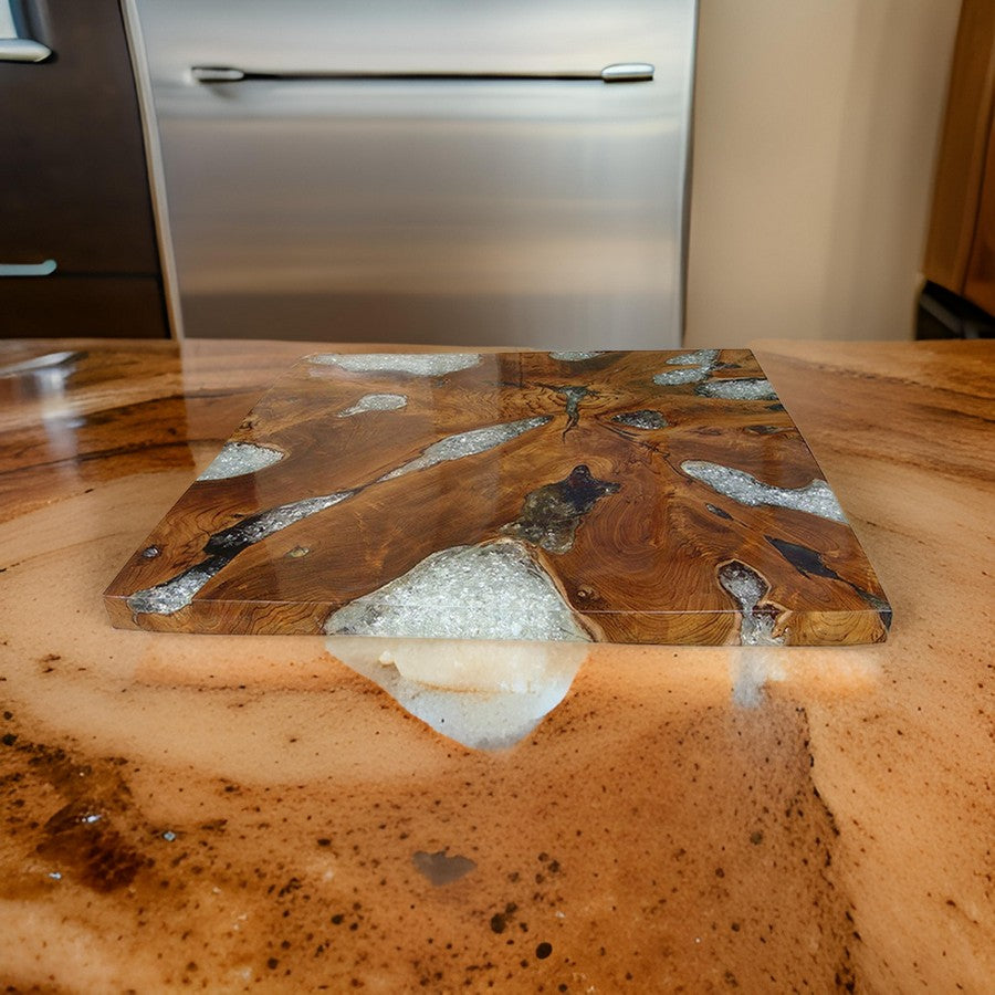 Benzara 32 Inch Tabletop Platform, Square, Resin, Teak Wood, Brown and ...