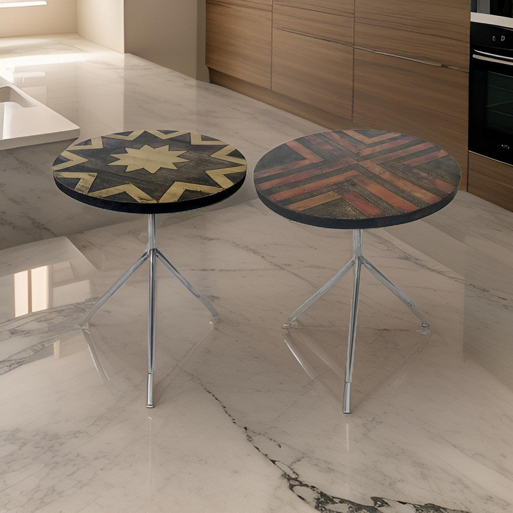 Benzara 19 Inch Side Tables Set of 2, Inlay Designs, Metal Tripod Base ...