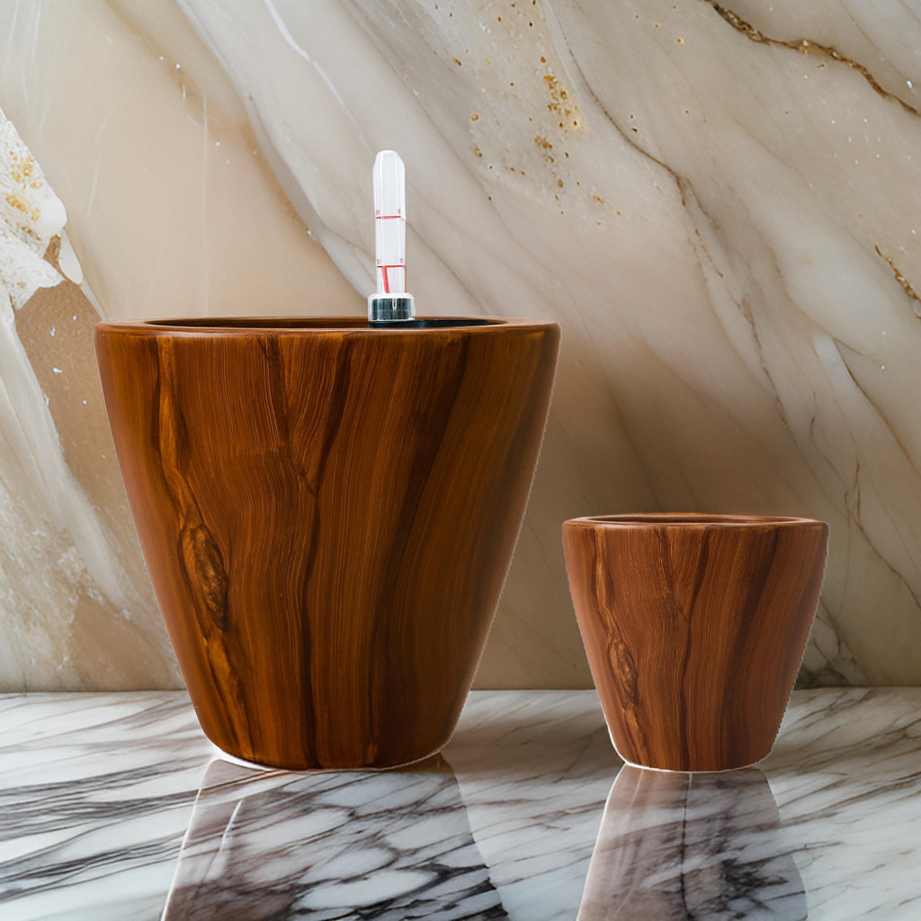Benzara Shyo Self Watering Planter Set of 2, Round Pots, Dark Brown ...