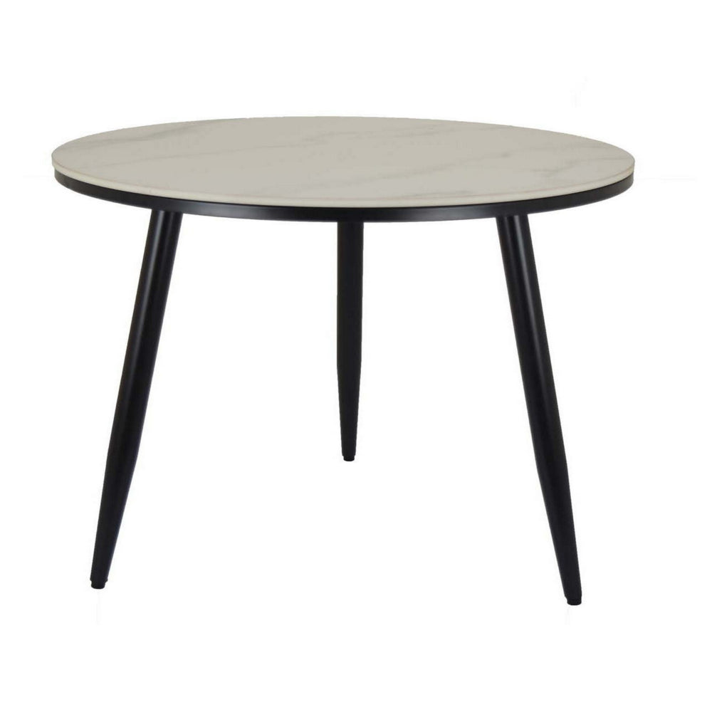 Tavi 24 Inch Plant Stand Side Table Round White Marble Top Black Metal BM315595