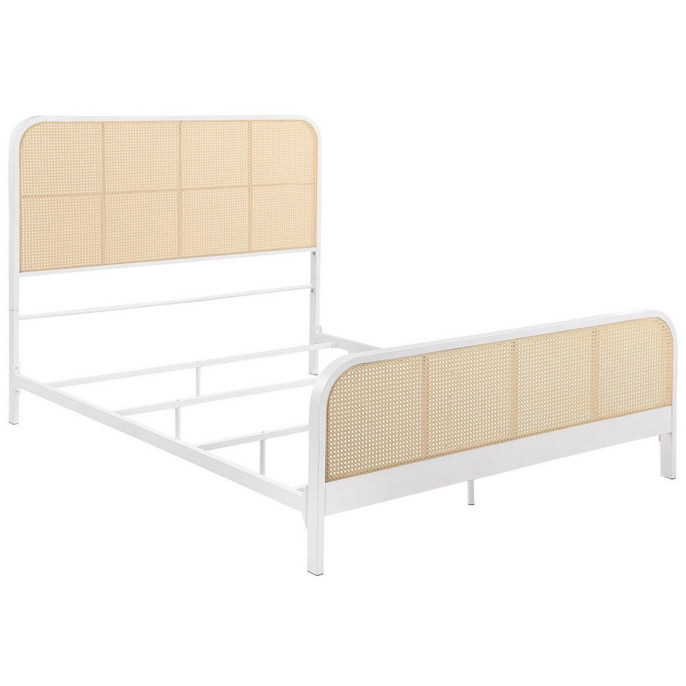 Benzara Lanie Queen Bed with Brown Open Cane Webbing Faux Rattan, White ...