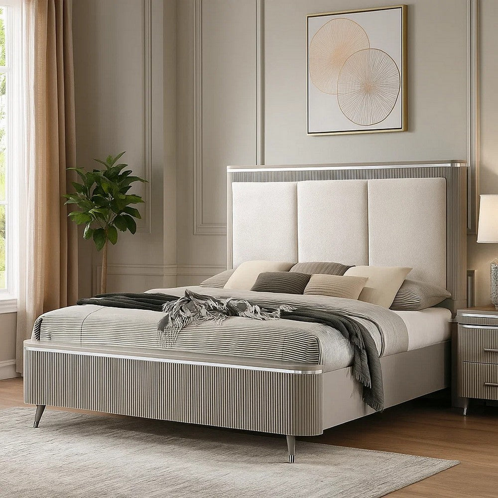 Benzara Gema Queen Bed, Channeled Upholstery, Reeded w Silver Line ...