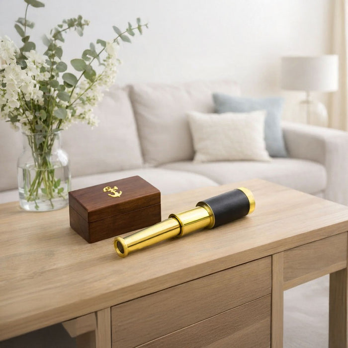 Benzara Small Brass Telescope with Pullout Wooden Box, Gold and Brown ...