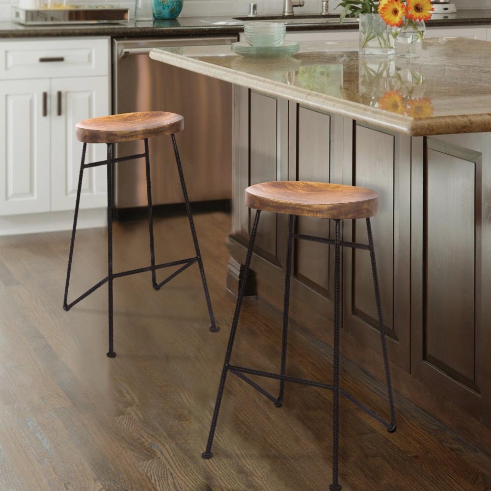 Buy Jael 28 Inch Bar Stool with Mango Wood Saddle Seat, Iron Rod Legs ...