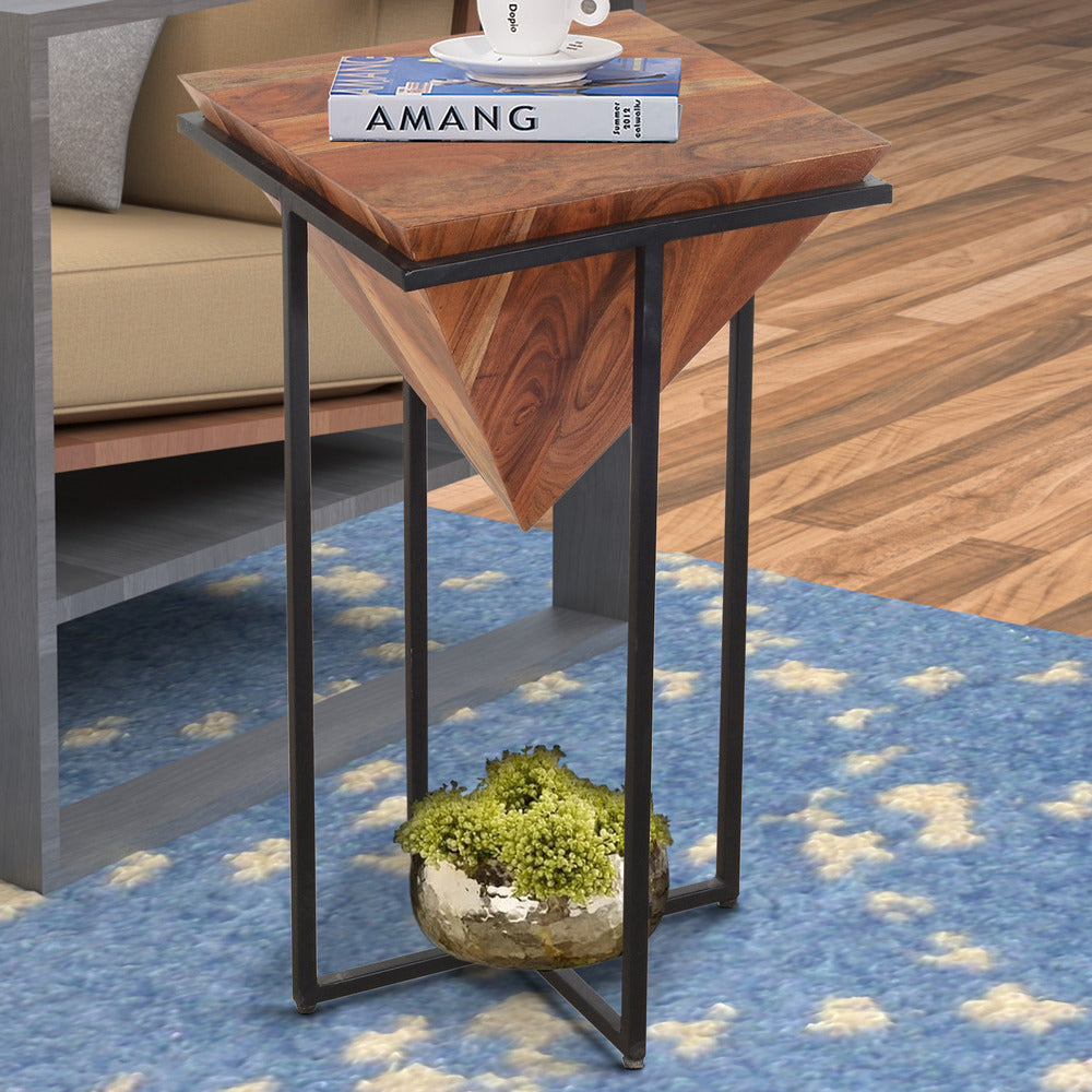 Buy Ida 26 Inch Pyramid Shape Wooden Side Table With Cross Metal Base ...