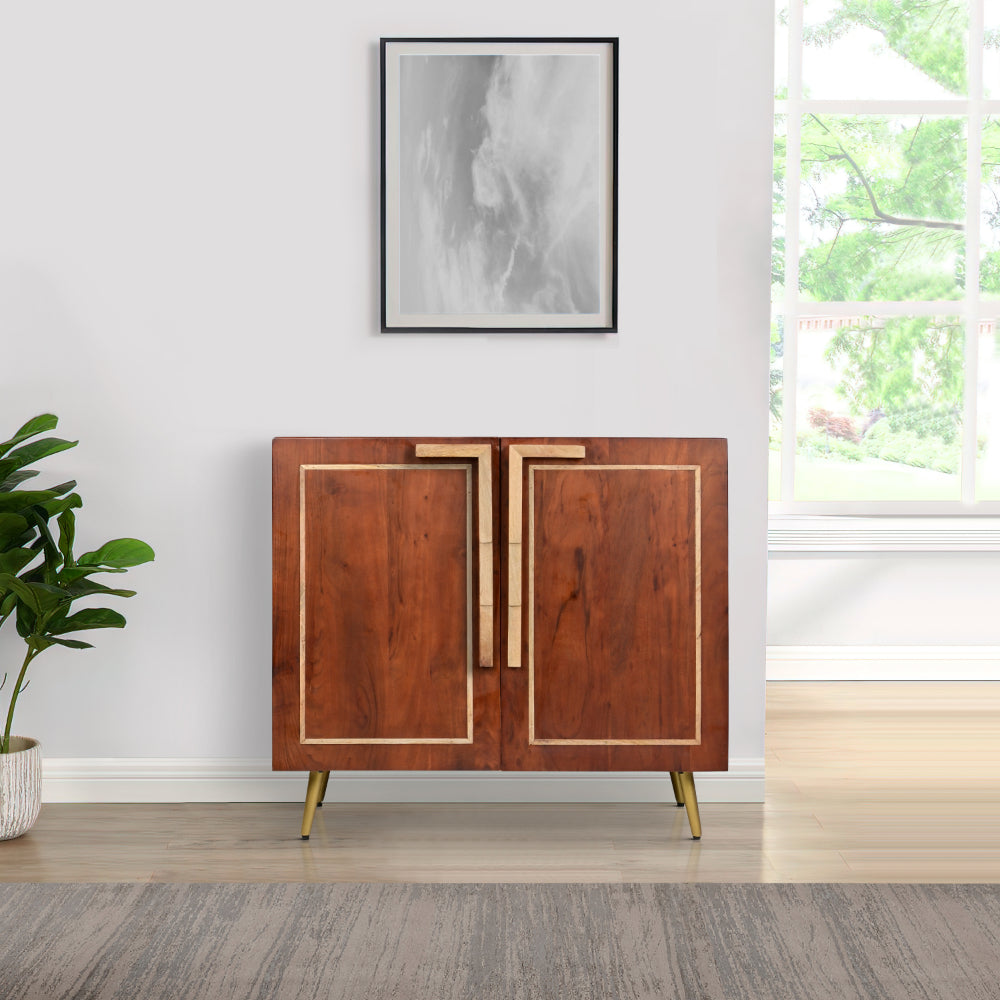 36 Inch Modern 2 Door Wooden Sideboard Buffet Cabinet with Metal Handles Splayed Legs Gold Oak Brown UPT 274767