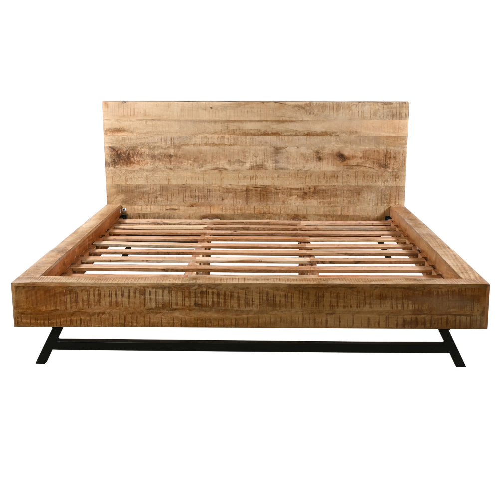Bree Modern Rustic Queen Size Platform Bed Brown Acacia Mango Wood Frame Black Iron Angled Legs UPT 293423