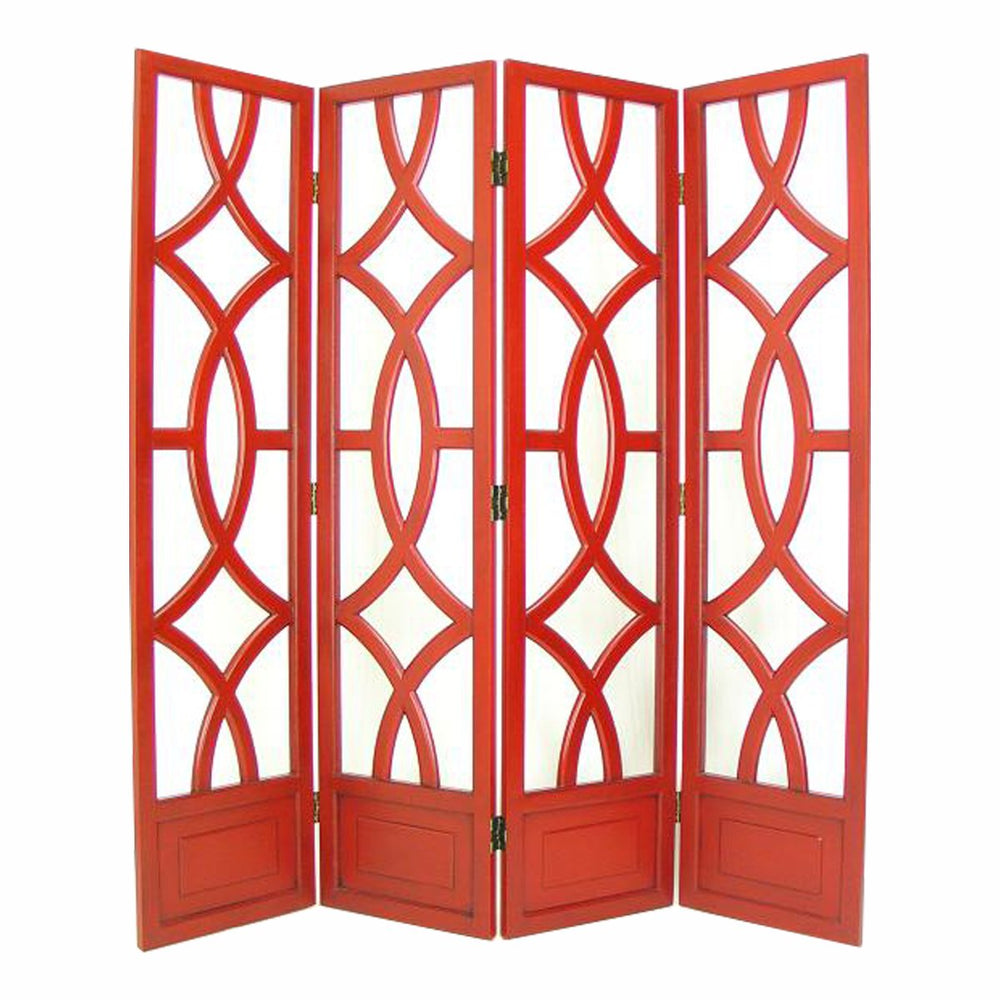 Benjara Wooden 4 Panel Room Divider with Open Geometric Design, Red ...