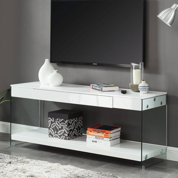 Benjara Contemporary Style Plastic TV Stand with Glass Side Panels ...