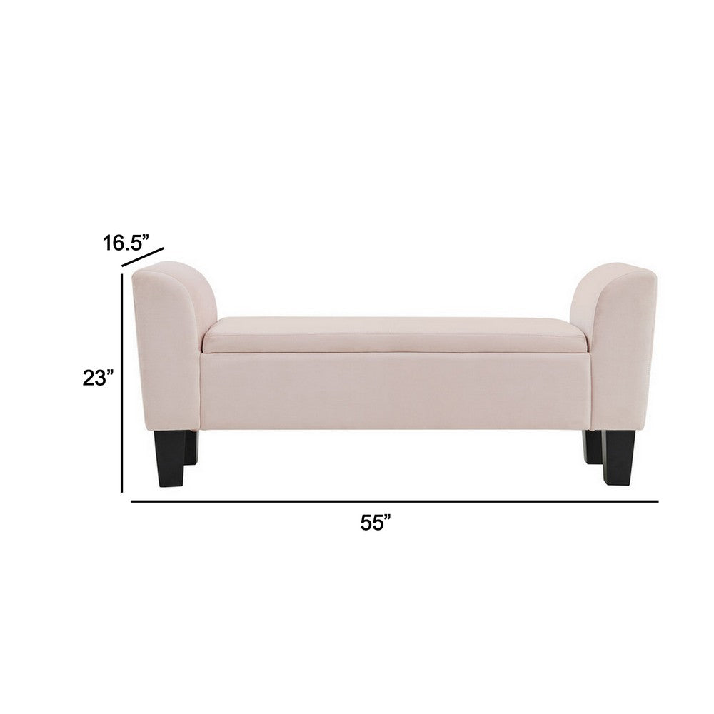Benjara Cesar 55 Inch Ottoman Bench with Storage Padded Curved Arms Pink Velvet BM286563 Benzara