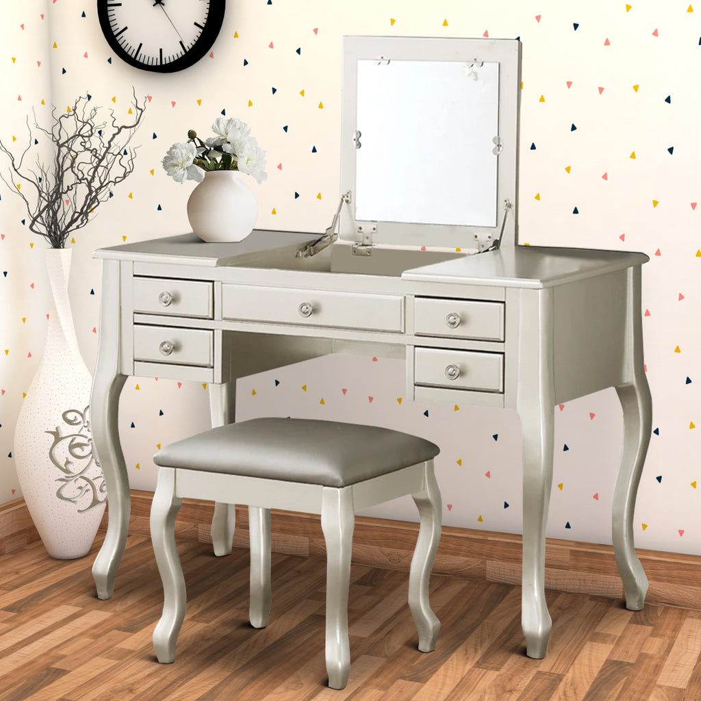 Benzara Cherub Vanity Set Featuring Stool And Mirror Silver - BM167185 ...
