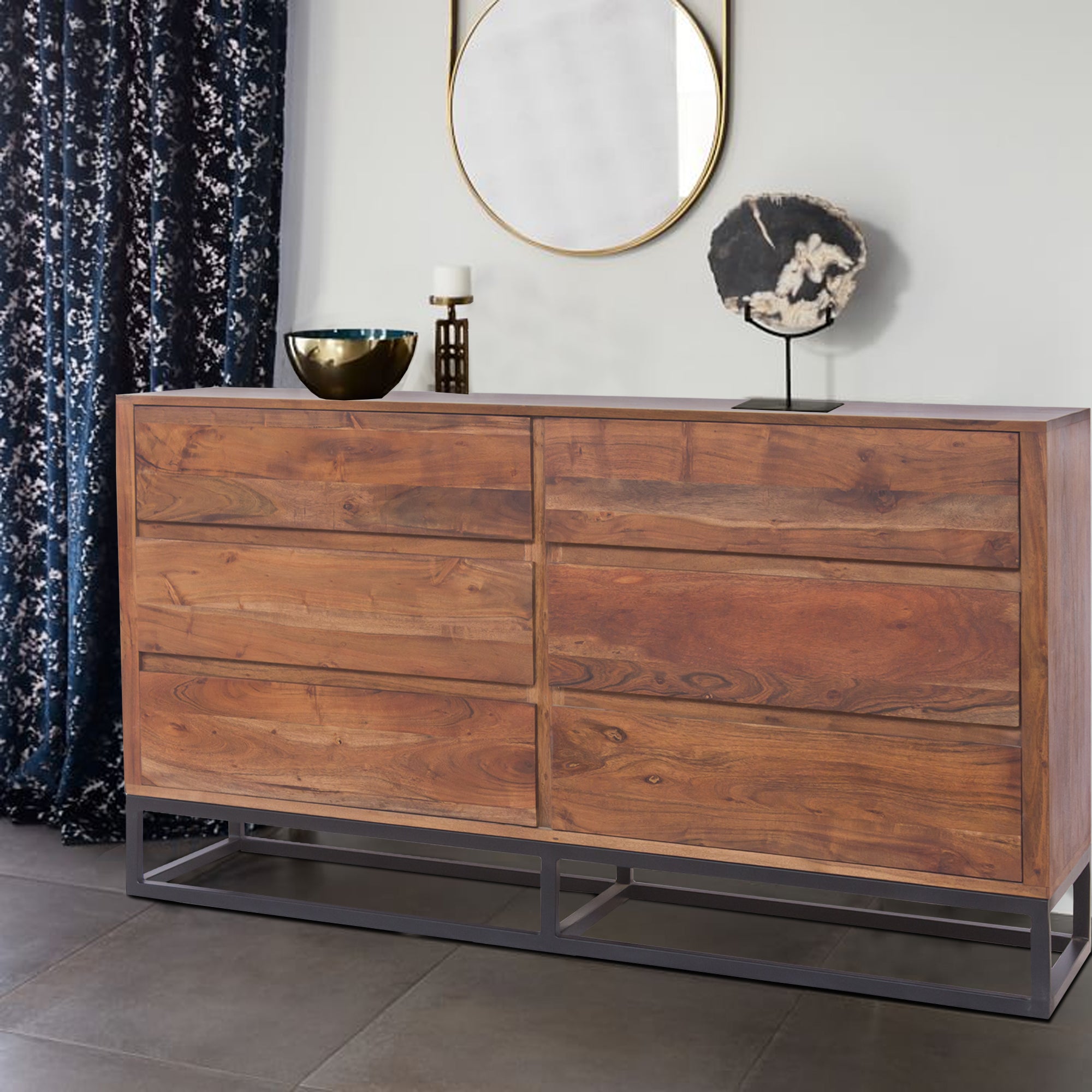 Modern Acacia Wood Dresser or Display Unit With Metal Base Walnut Brown and Black UPT 182996