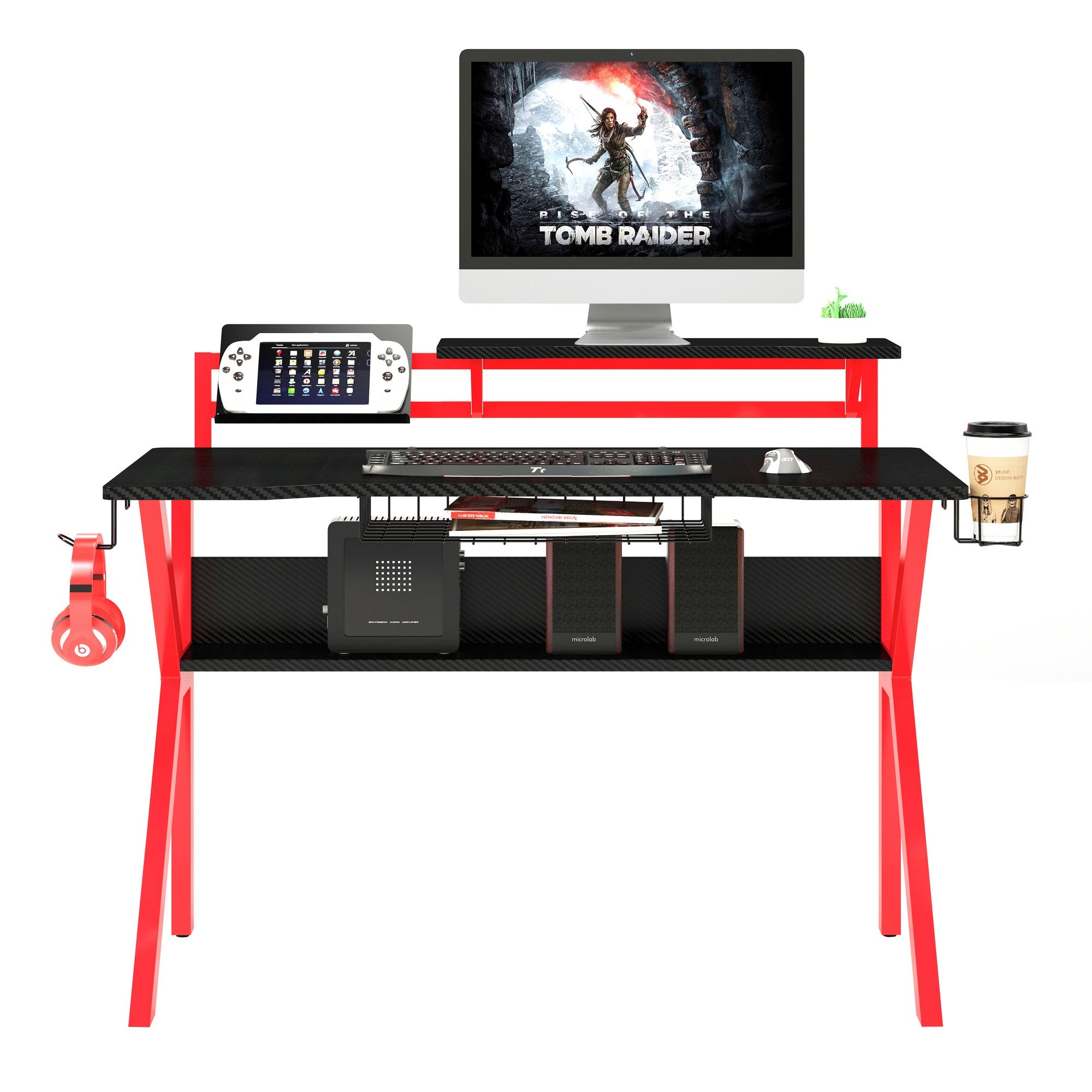 Buy Liv PVC Coated Ergonomic Metal Frame Gaming Desk Black and Red The Urban Port Benzara