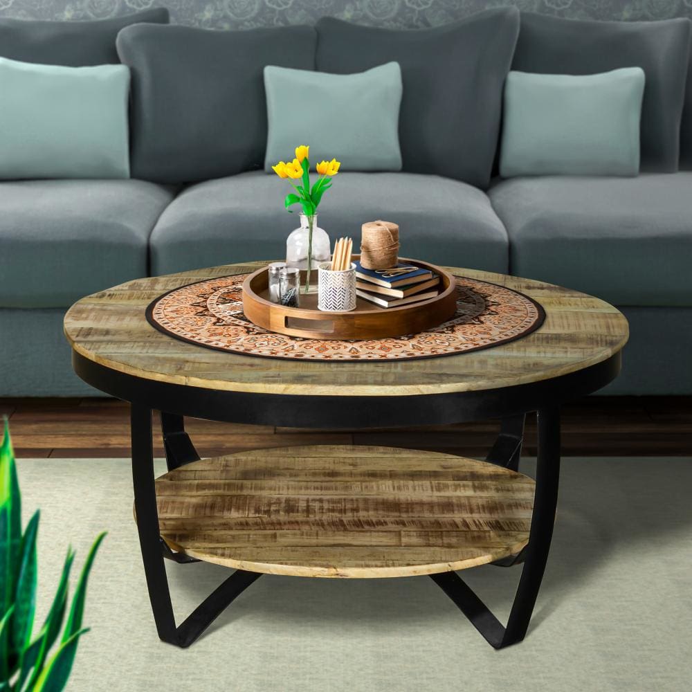 34 Inch Farmhouse Round Coffee Table with Metal Framework Brown and Black UPT 242821