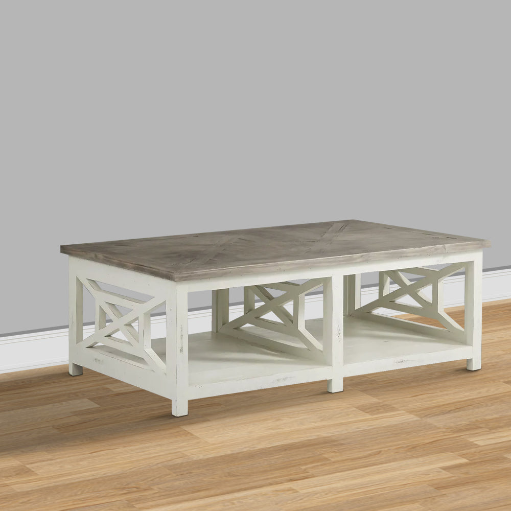 Pari Wooden Rectangle Coffee Table with X Shape Side Panels White and Brown