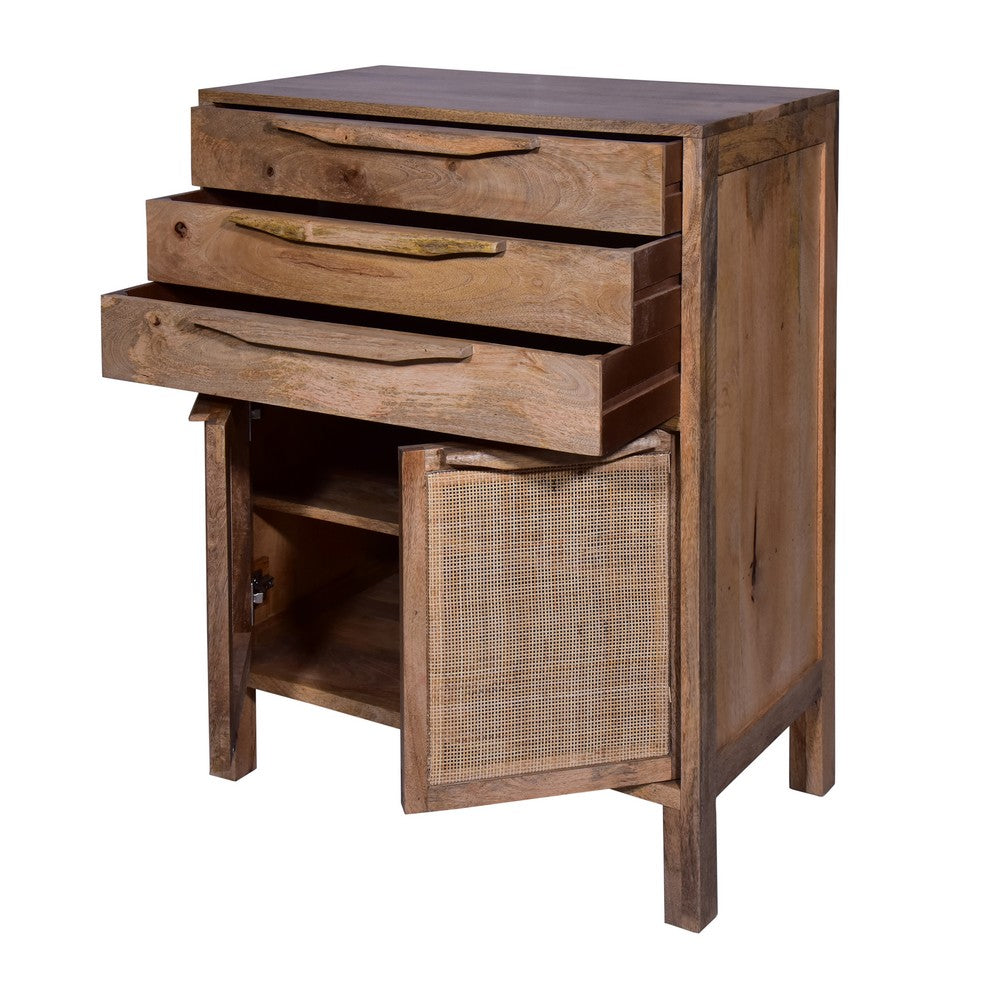 Ryan 40 Inch Cottage Mango Wood Dresser Storage Cabinet 3 Drawers Cane Rattan Panels Doors Natural Brown UPT 272543