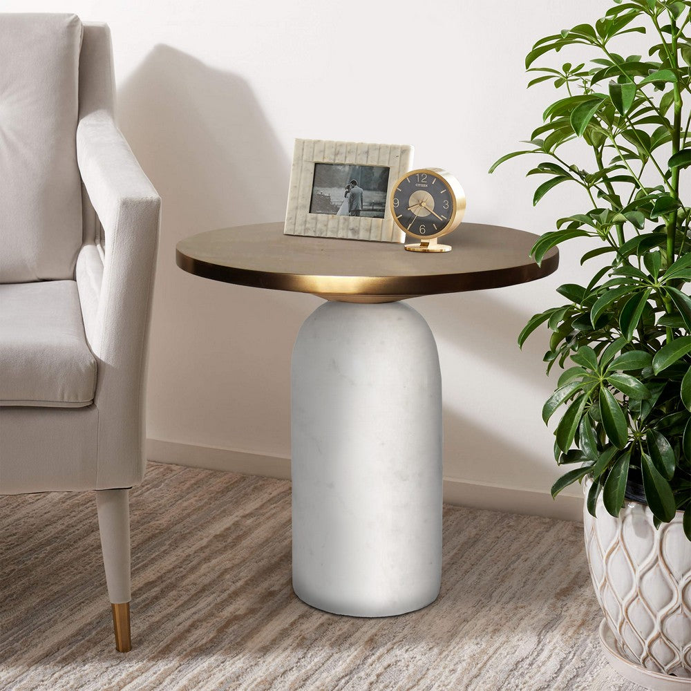 17 Inch Round Brass Modern Accent End Table with Cylindrical Marble Base Brass White UPT 272904