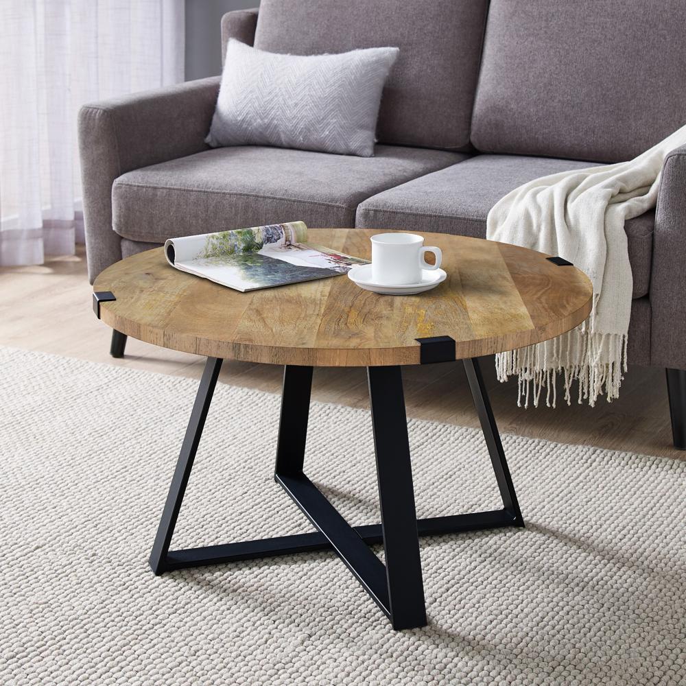 31 Inch Round Wooden Coffee Table with Banded Metal Frame Brown and Black UPT 247103